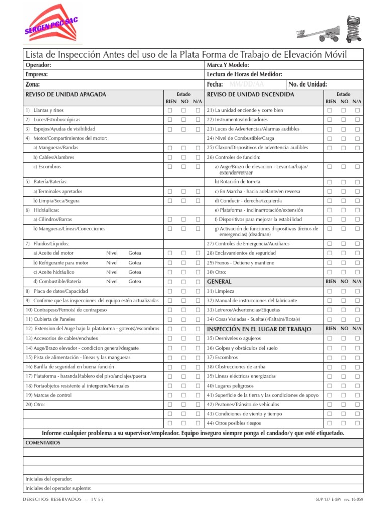 Checklist Plataforma Aerea Sergen PGC | PDF