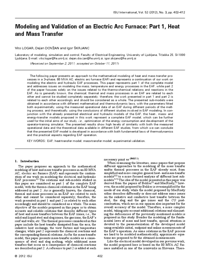 Modeling and Validation of An Electric Arc Furnace: Part 1, Heat and Mass Transfer | PDF
