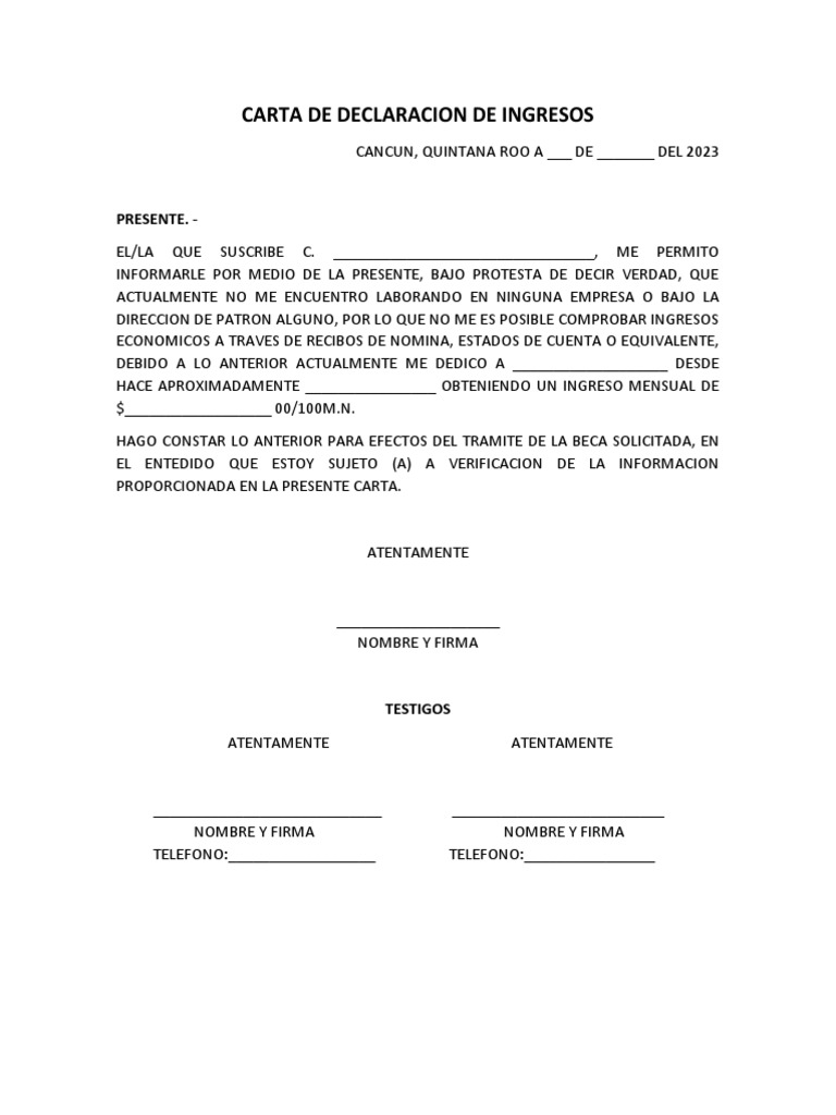 Carta de Declaracion de Ingresos | PDF