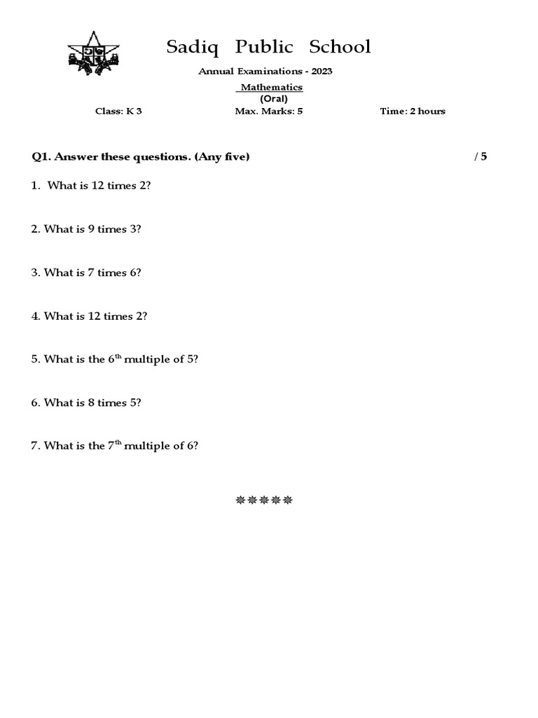 k3 Maths Paper 2023 Final Term Oral | PDF
