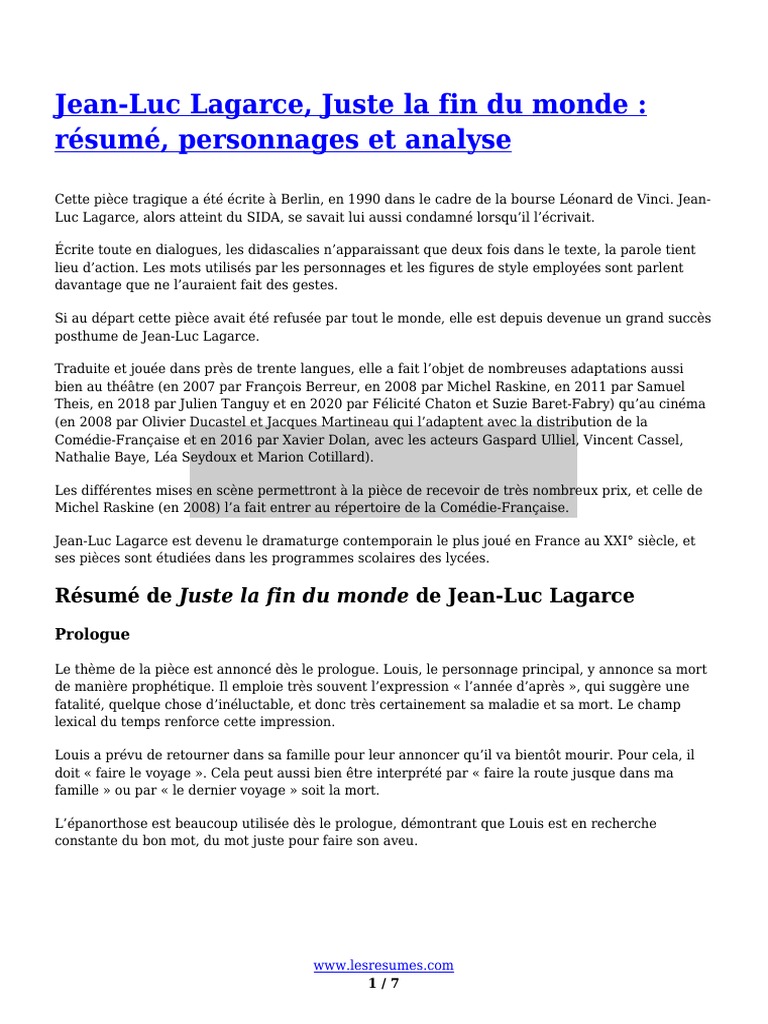 Jean Luc Lagarce Juste La Fin Du Monde Resume Personnages Et Analyse | PDF