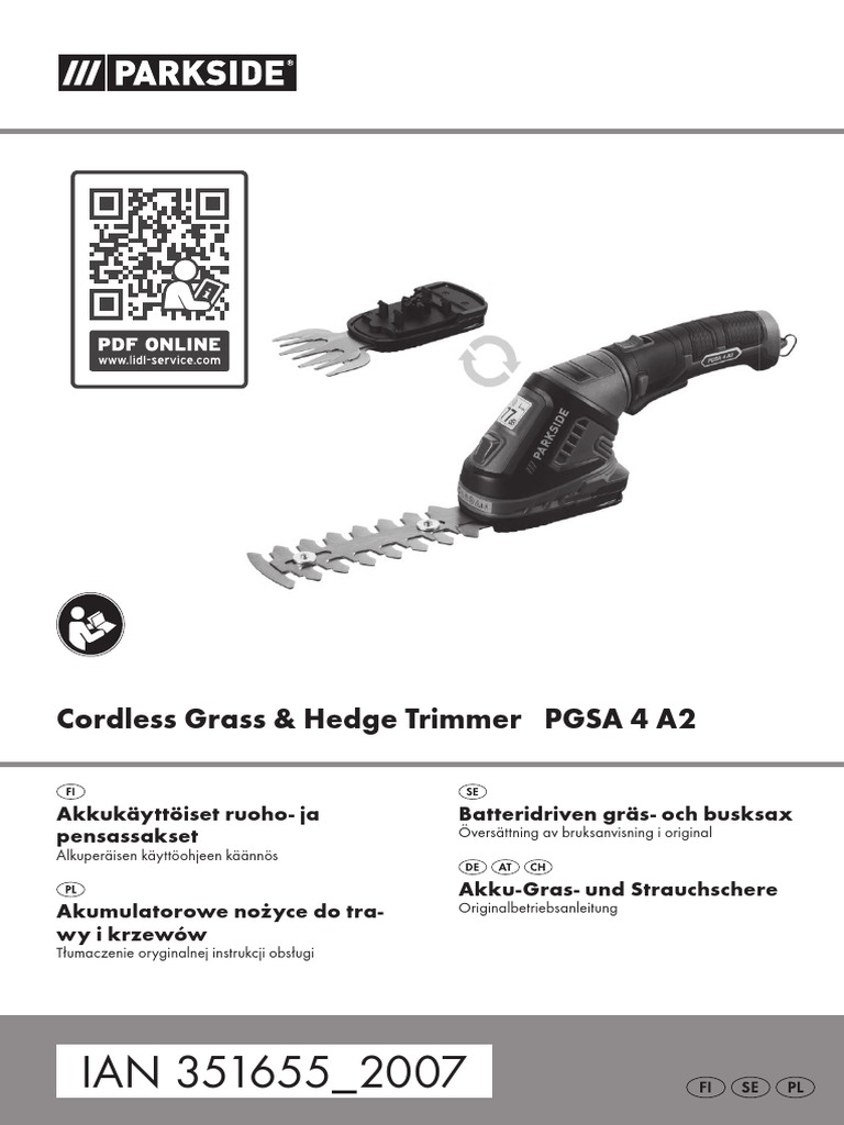 Cordless Grass & Hedge Trimmer PGSA 4 A2: Akkukäyttöiset Ruoho-Ja Pensassakset Batteridriven ...