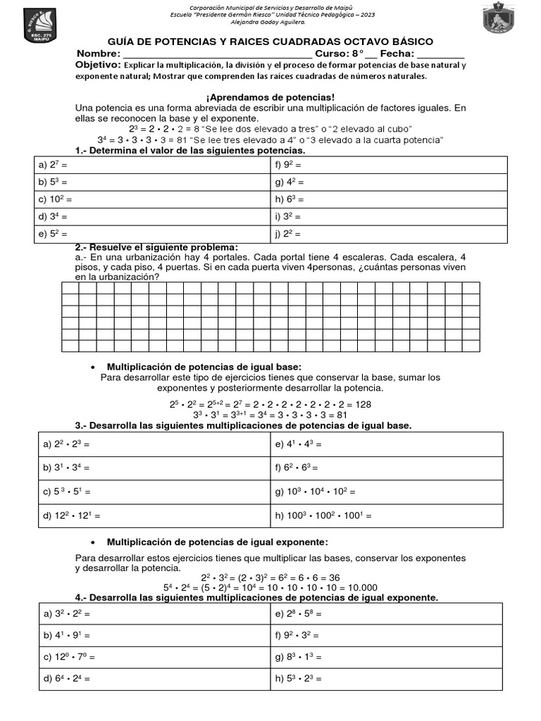 Guía de Potencias y Raices Cuadradas Octavo Básico | PDF ...