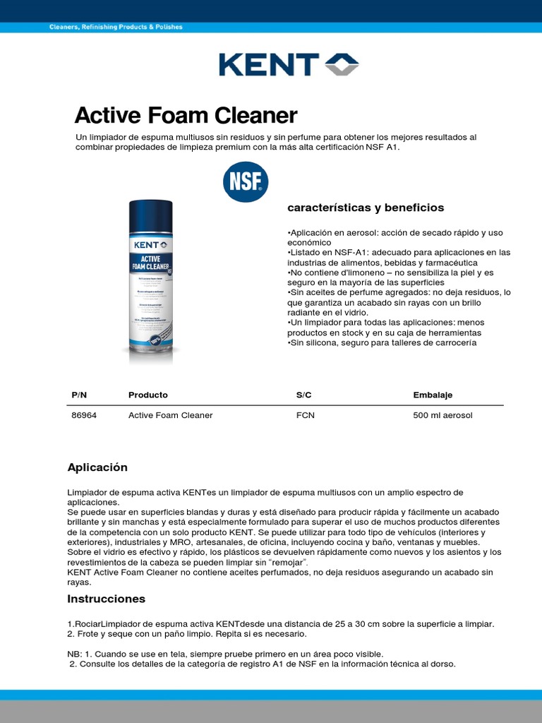 TDS - 86964 - Active Foam Cleaner - En.es | PDF | Lentes | Química