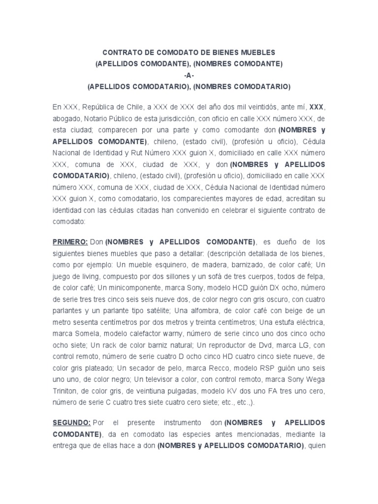 Contrato de Comodato de Bienes Muebles | PDF | Derecho contractual | Derecho civil (sistema legal)