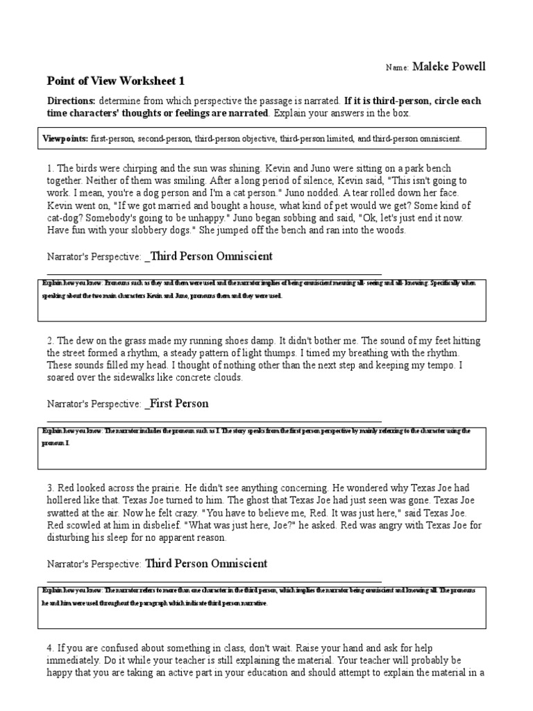 Point of View Analysis Worksheet | PDF | Narration