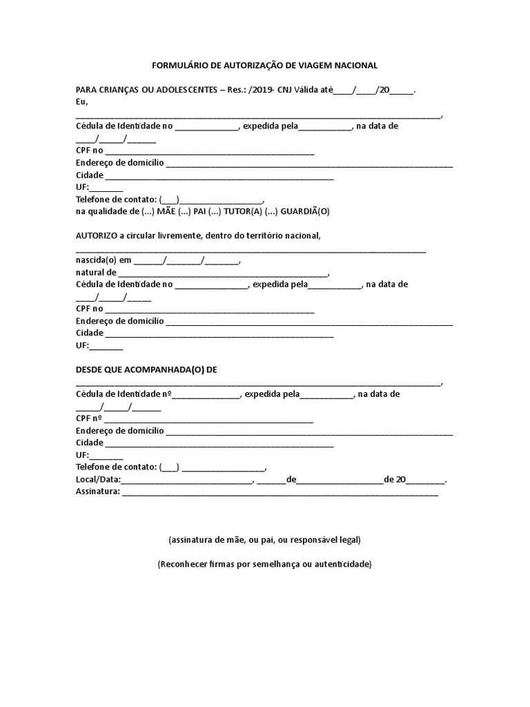 Formulário de Autorização de Viagem Nacional | PDF | Brasil ...