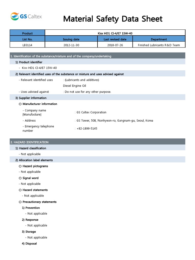 Fichas - Kixx HD1 CI-4 E7 15W-40 MSDS | PDF | Fires | Toxicity
