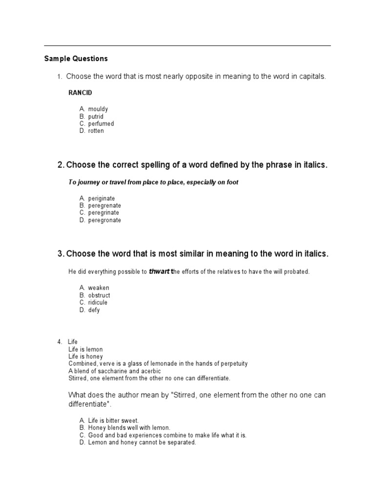 CXC English Sample Questions Vocabulary Synonyms | PDF