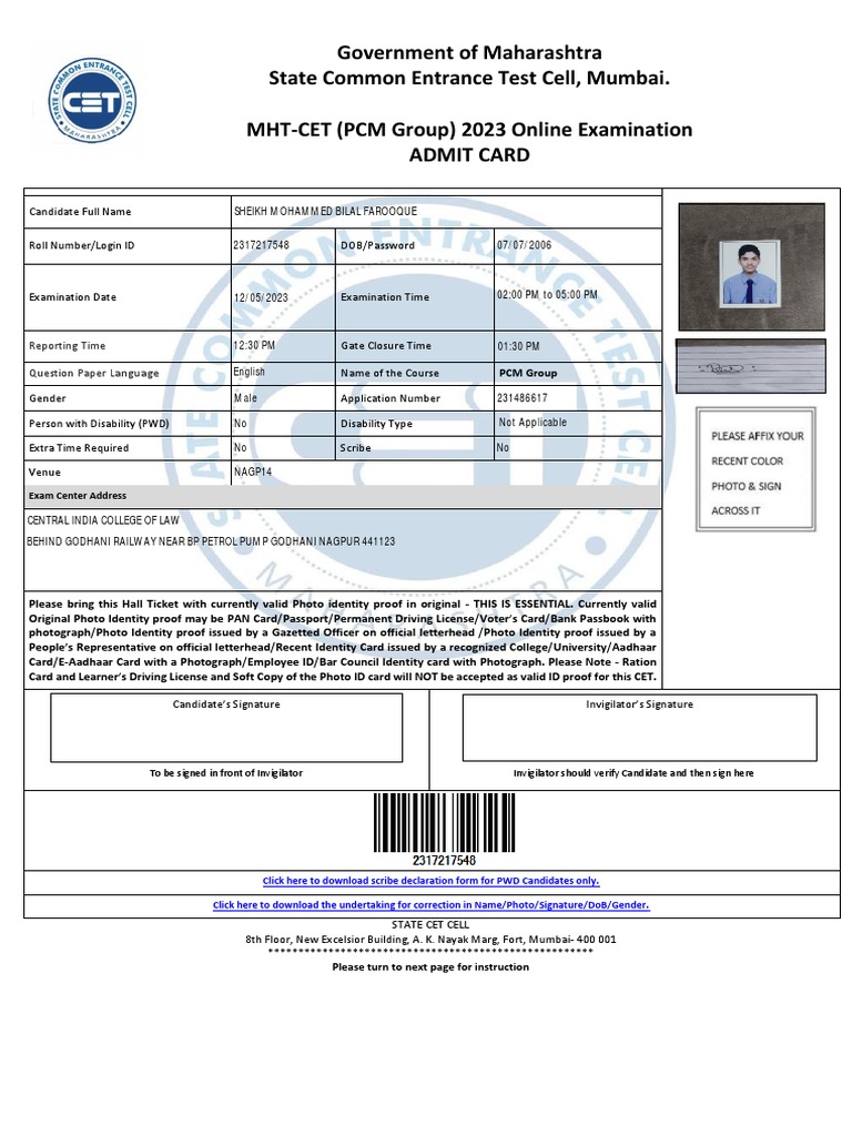 Government of Maharashtra State Common Entrance Test Cell, Mumbai. MHT ...