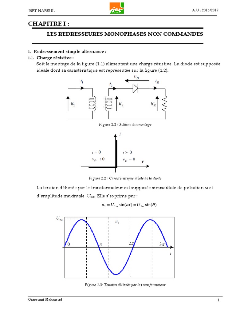 Chapitre 1 Les Redresseurs MonophasÃs Non CommandÃs | PDF
