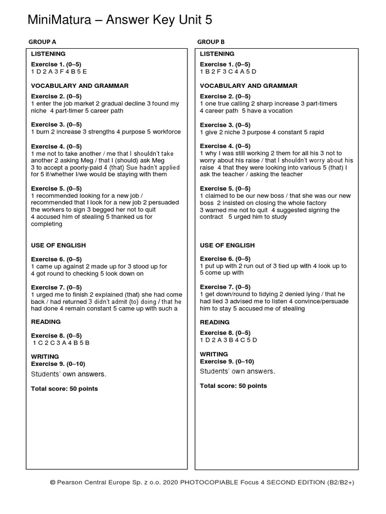 Focus4 2E MiniMatura Unit5 ANSWERS | PDF