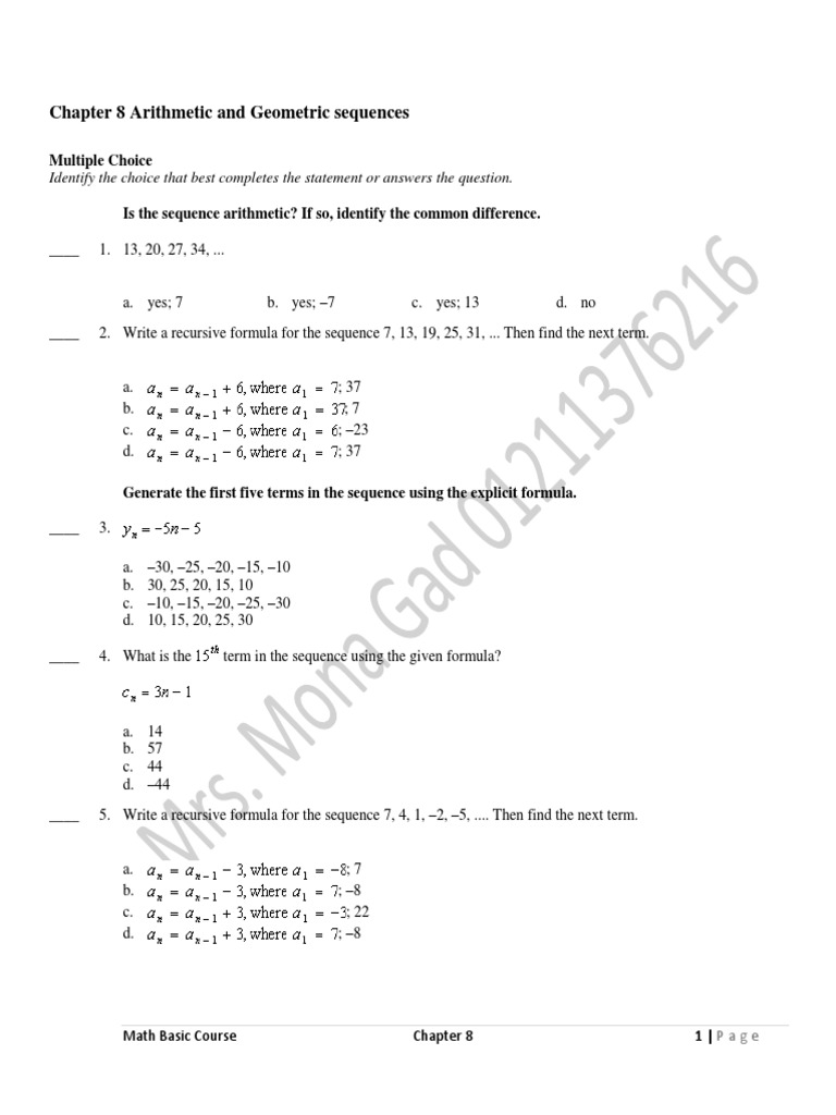 Arithmetic and Geometric Sequences Quiz | PDF | Foot (Unit) | Arithmetic