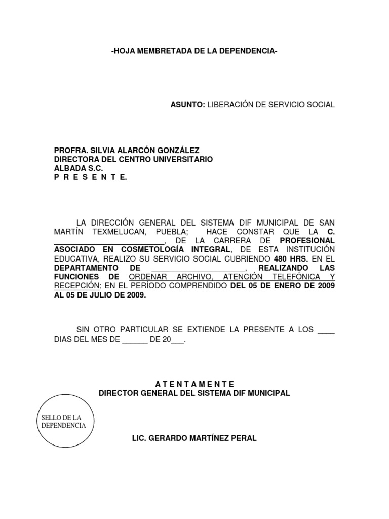 Ejemplo Carta de Liberacion de Servicio Social Cua | PDF