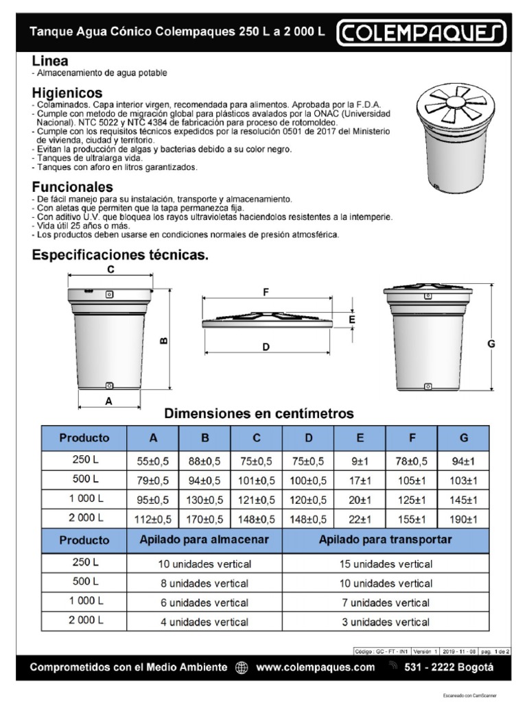 Ficha Tecnica Tanque Agua Conico Colempaques 250 L A 2000 L - 1 | PDF