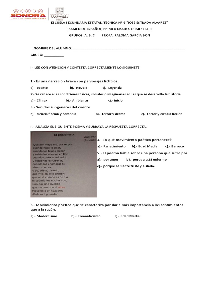 Examen Primer y Segundo Grado Segundo Trimestre | PDF | Poesía | Escritura