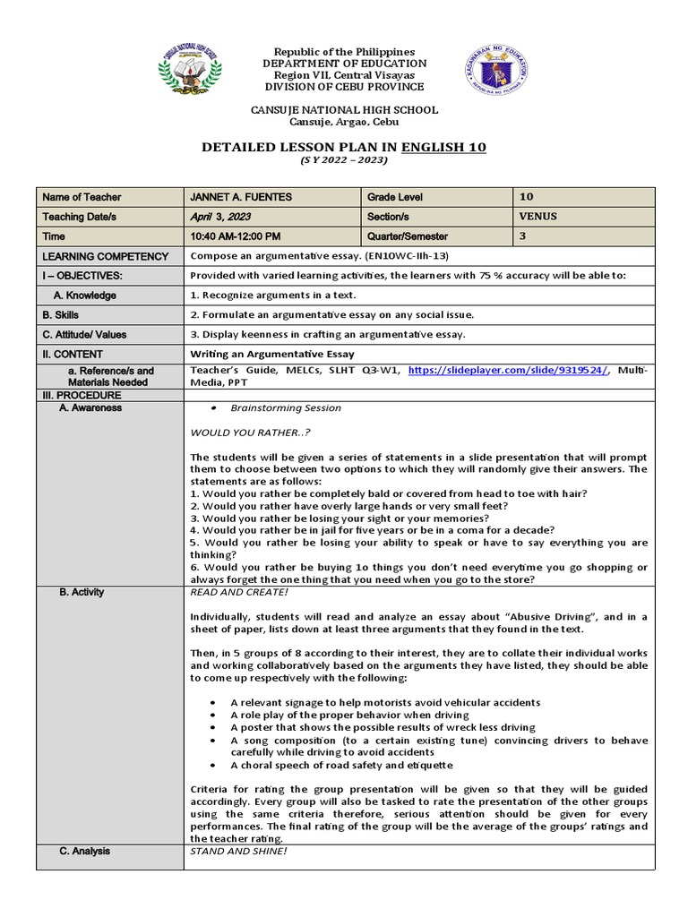 DLP For Classroom Observation Q3 | PDF | Essays | Teachers