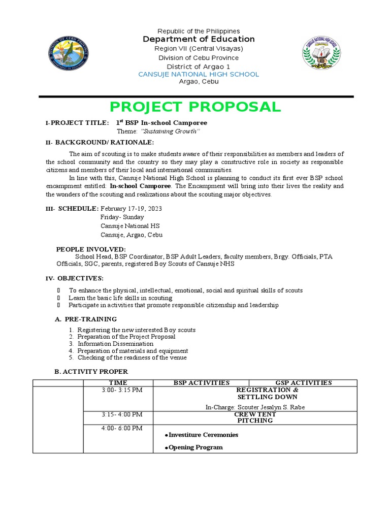 BSP In-School Camporee - Project Proposal | PDF | Youth Organizations ...