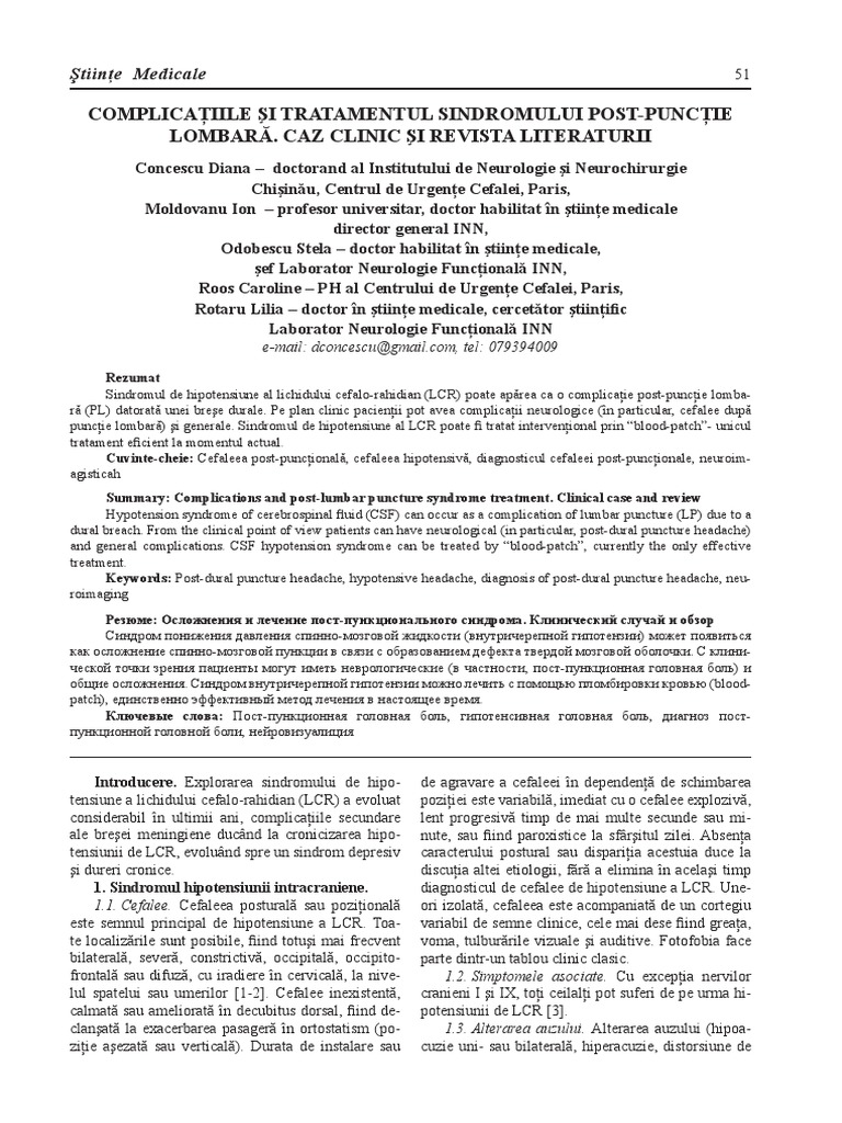 Complicatiile Si Tratamentul Sindromului Post Punctie Lombara | PDF