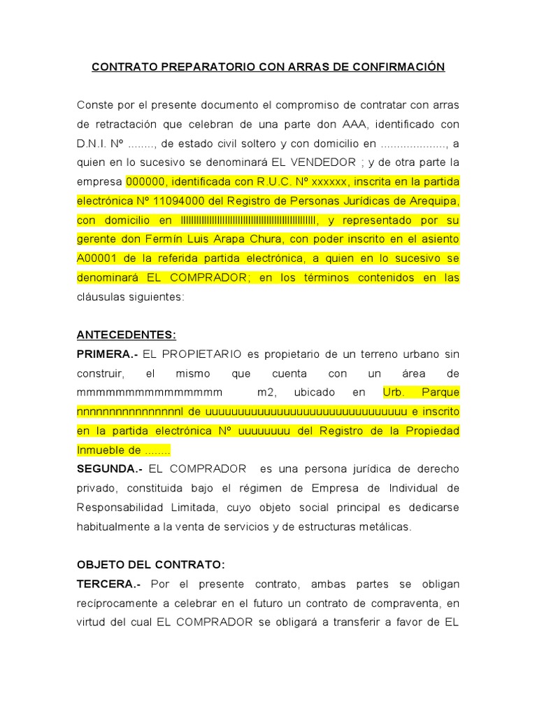 CONTRATO PREPARATORIO CON ARRAS A | PDF | Ley común | Derecho privado