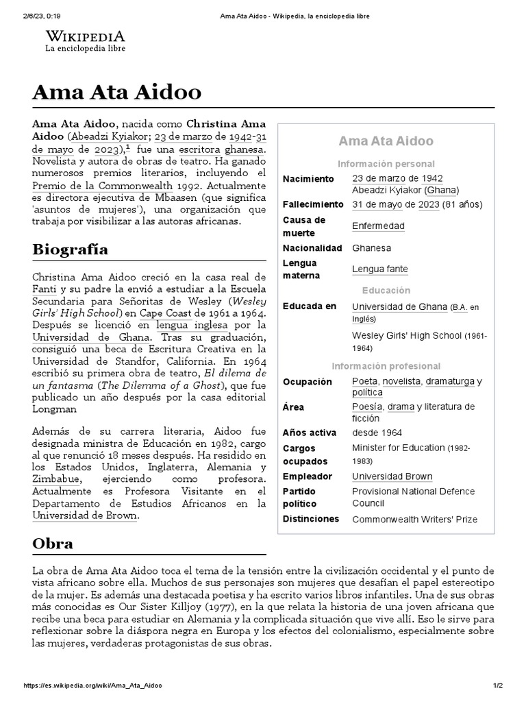 Ama Ata Aidoo - Wikipedia, La Enciclopedia Libre | PDF | Escritura ...