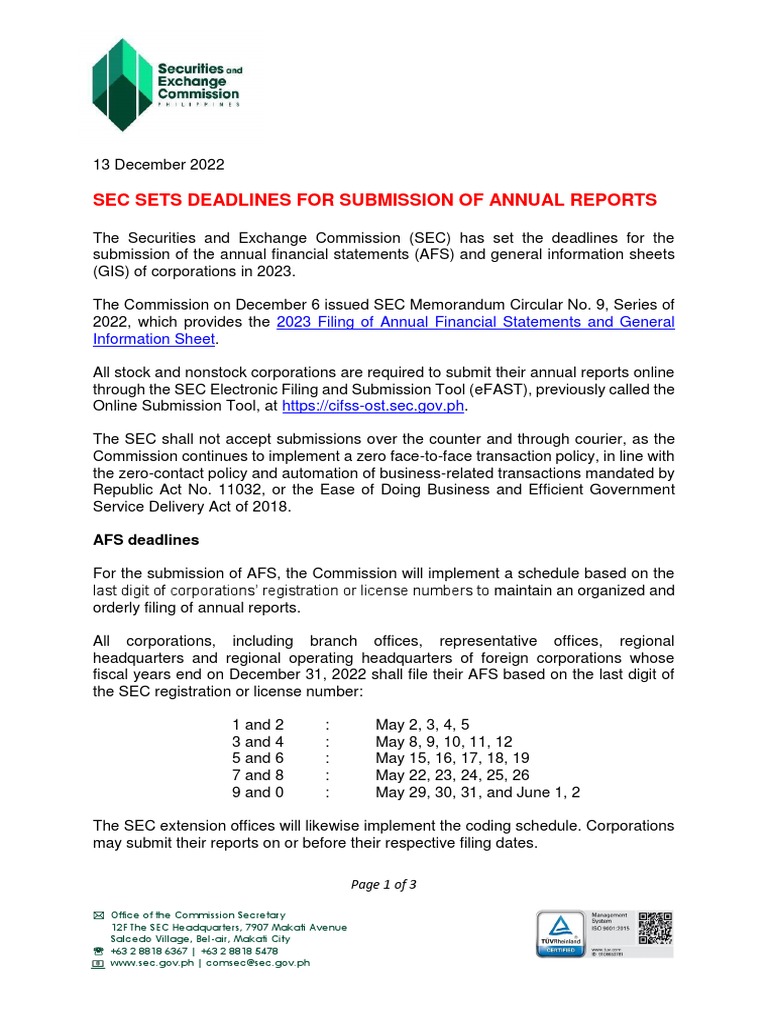 2022pr Sec Sets Deadlines For Submission of Annual Reports 12132022 | PDF 2022pr Sec Sets Deadlines For Submission of Annual Reports 12132022 | PDF