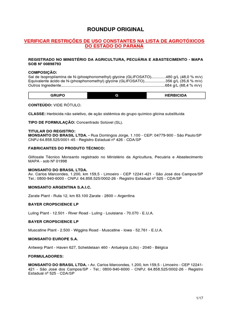 Roundup Original DI | PDF | Agricultura | Embalagem e rotulagem
