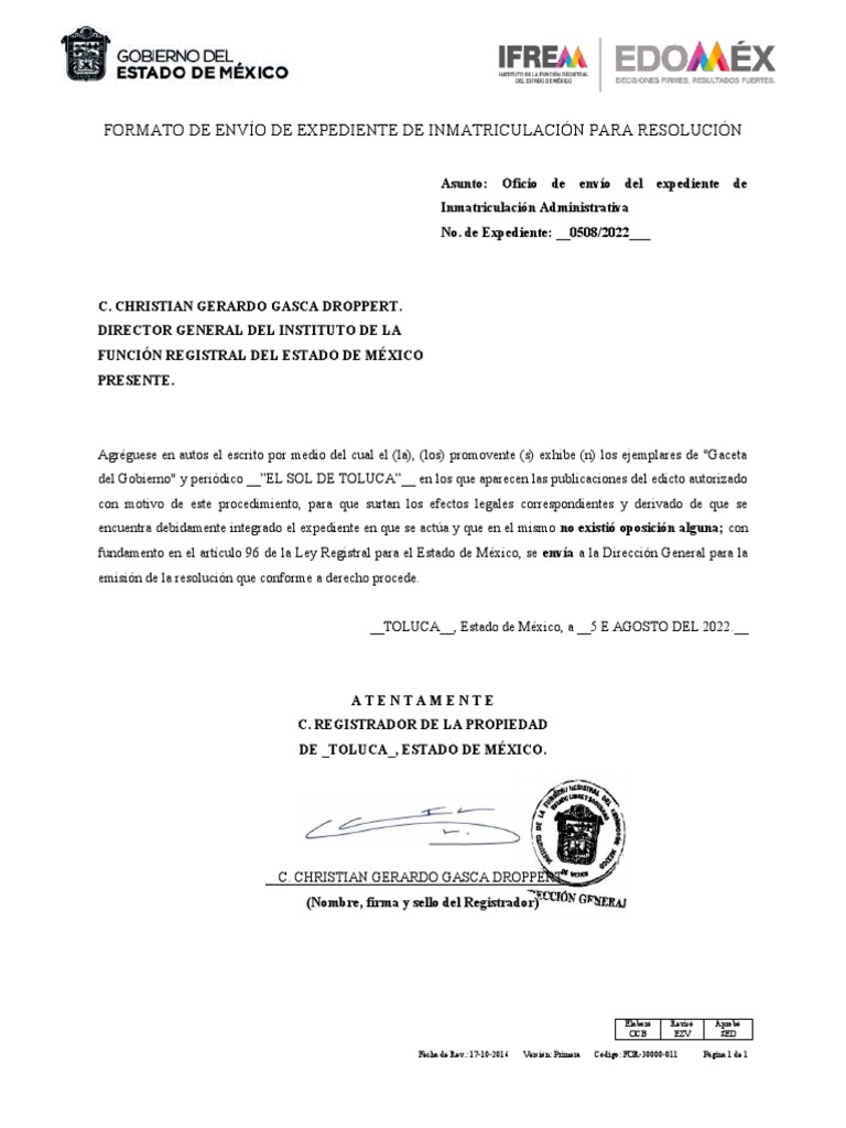 Oficio de Envío Del Expediente A La Dirección General para Su Resolución | PDF