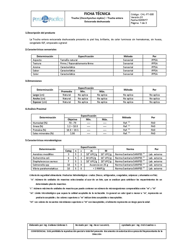 Cal-Ft-005 - Trucha Entera Eviscerada Deshuesada | PDF | Seguridad alimenticia | Trucha