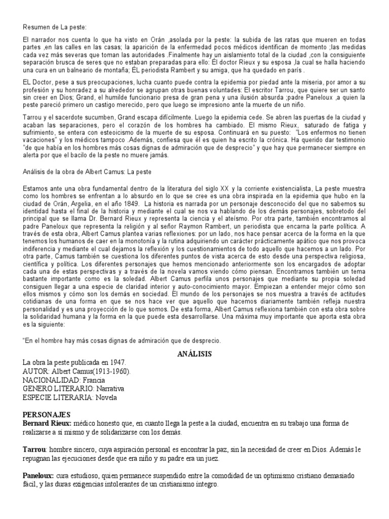 Resumen de La Peste | PDF | Albert Camus