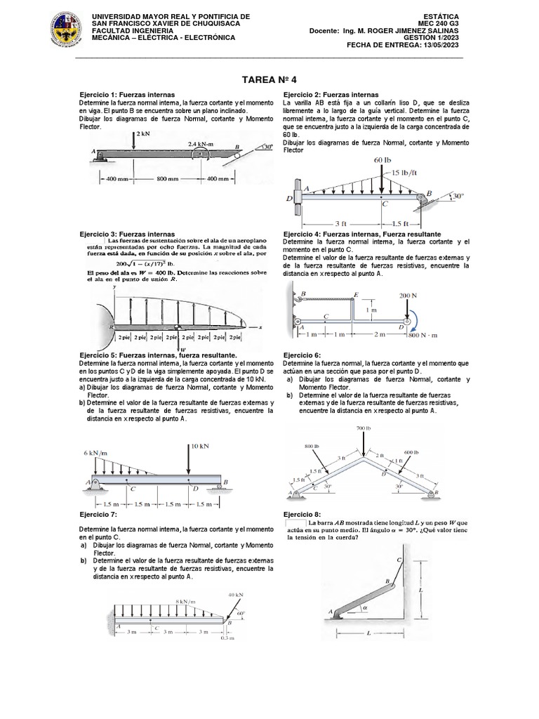Tarea 4 Estatica MEC 240 | PDF | Fuerza | Viga (Estructura)