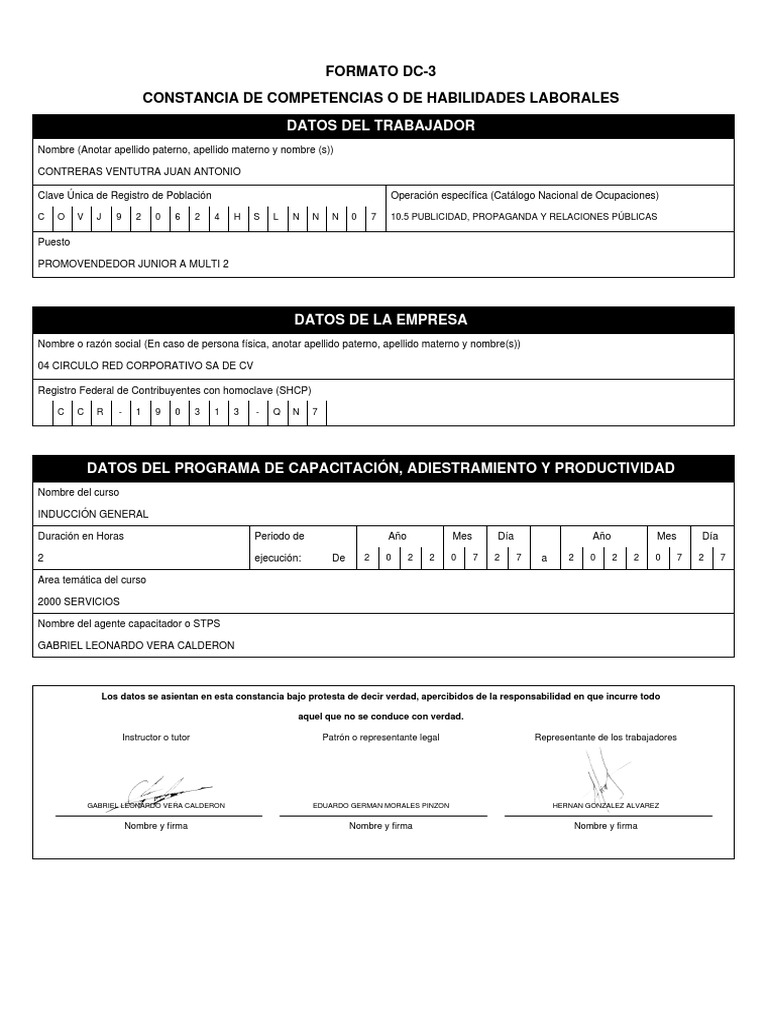 Datos Del Trabajador: Formato Dc-3 Constancia de Competencias O de Habilidades Laborales | PDF
