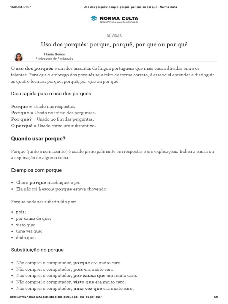 Uso Dos Porquês - Porque, Porquê, Por Que Ou Por Quê - Norma Culta ...