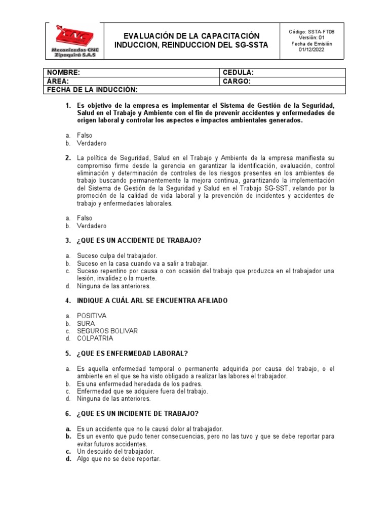 SSTA-FT08 Evaluación Inducción Del SSTA v01 | PDF