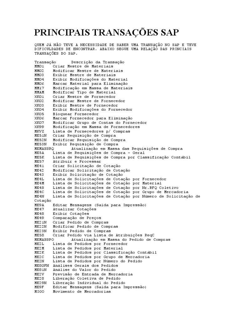 Principais Transações Sap Pdf Contabilidade Produtos