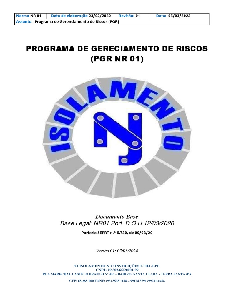 Programa de Gereciamento de Riscos (PGR NR 01) : Base Legal: NR01 Port. D.O.U 12/03/2020 | PDF