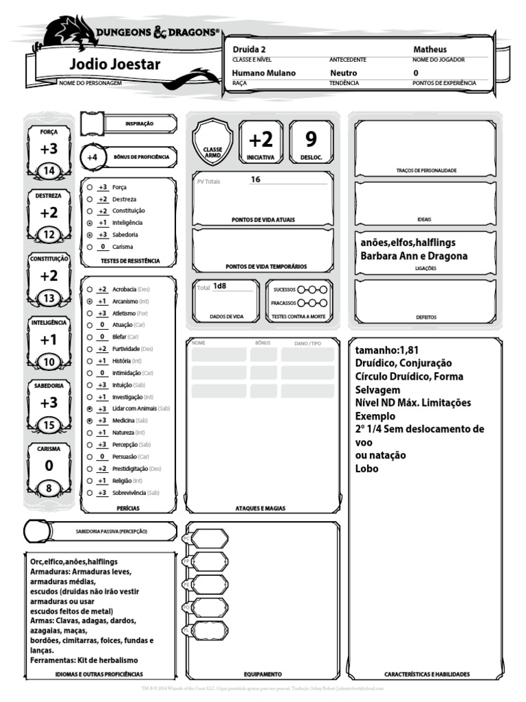DD 5e Ficha de Personagem Completavel Biblioteca Elfica | PDF