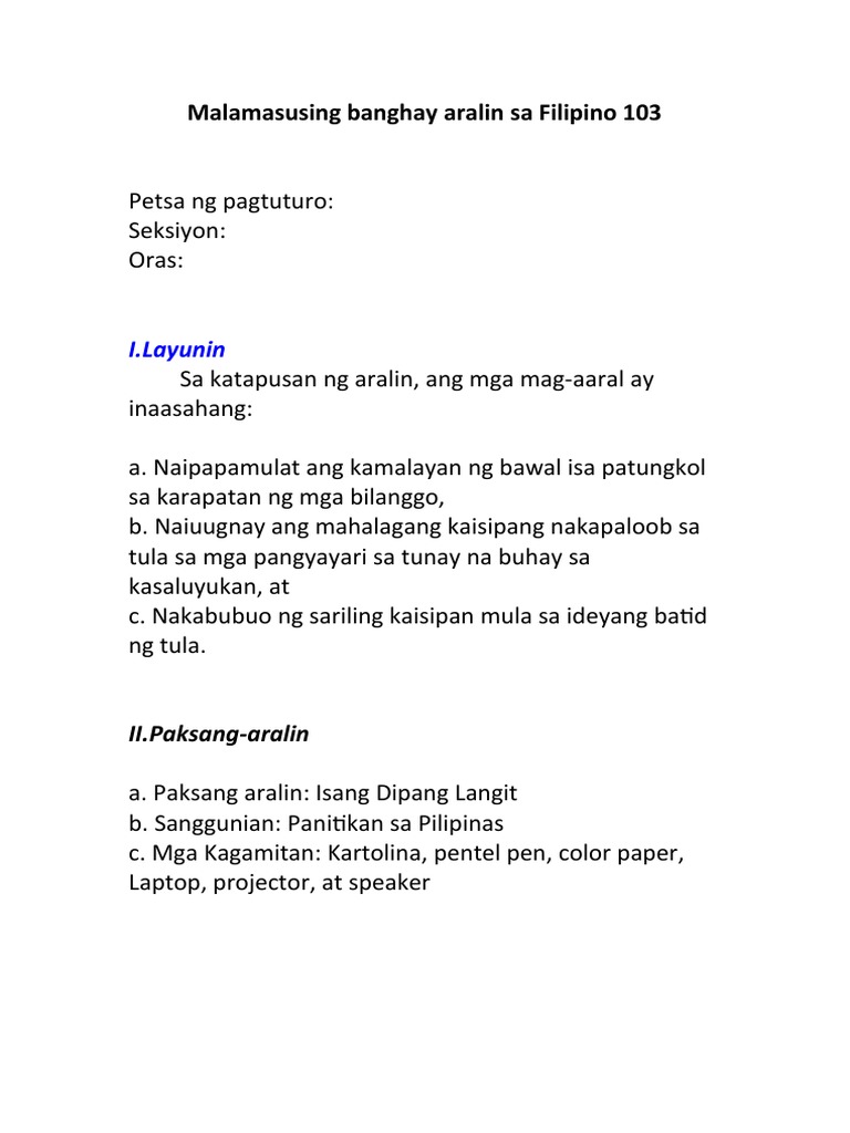 Malamasusing Banghay Aralin Sa Filipino 103 | PDF