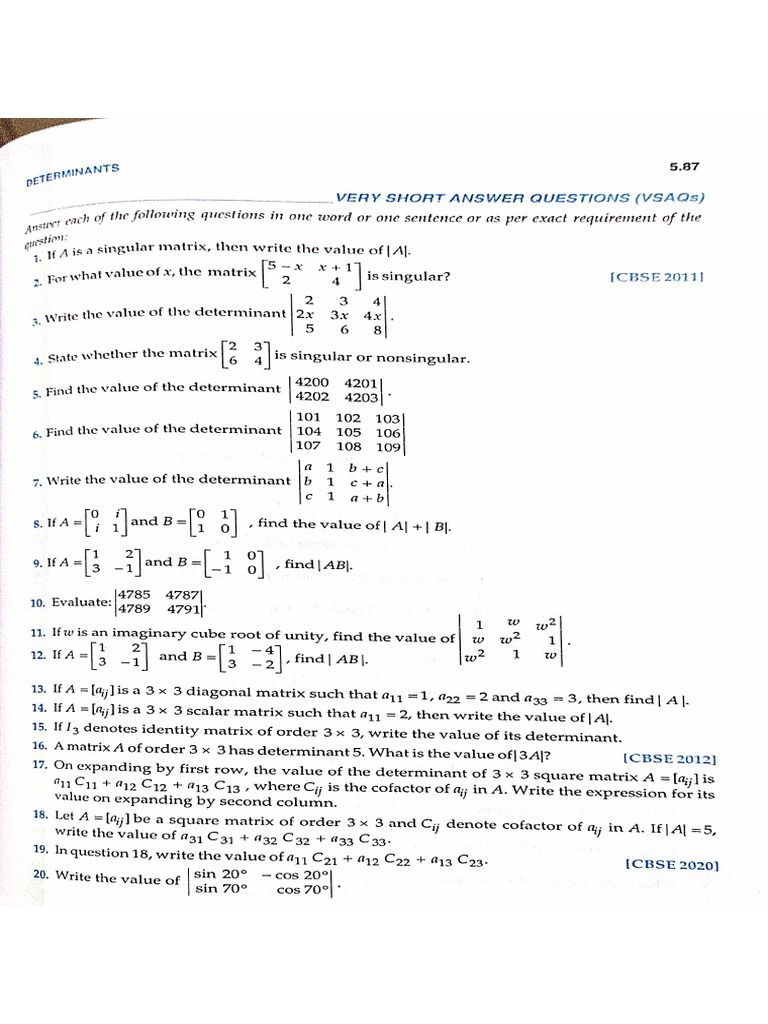 Determinants Practice Questions For Jee Advanced 2027 | PDF
