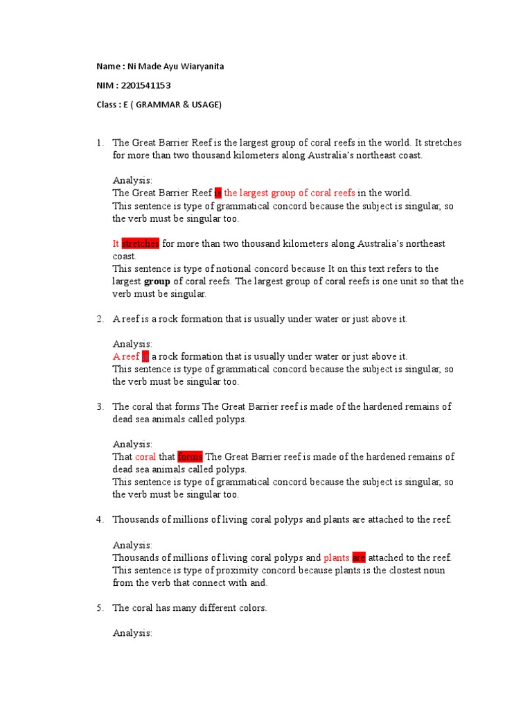 Grammar Analysis of Reef Text | PDF | Plural | Grammatical Number