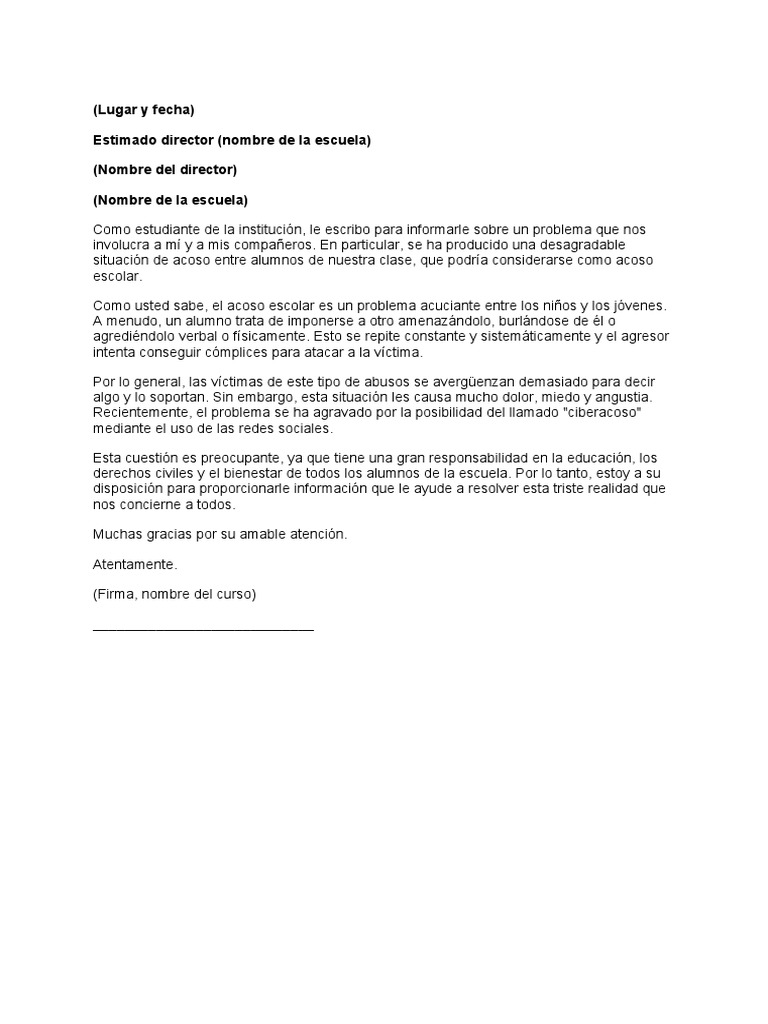 Modelo de Carta de Opinion Formal Sobre El Bullying en La Escuela para ...