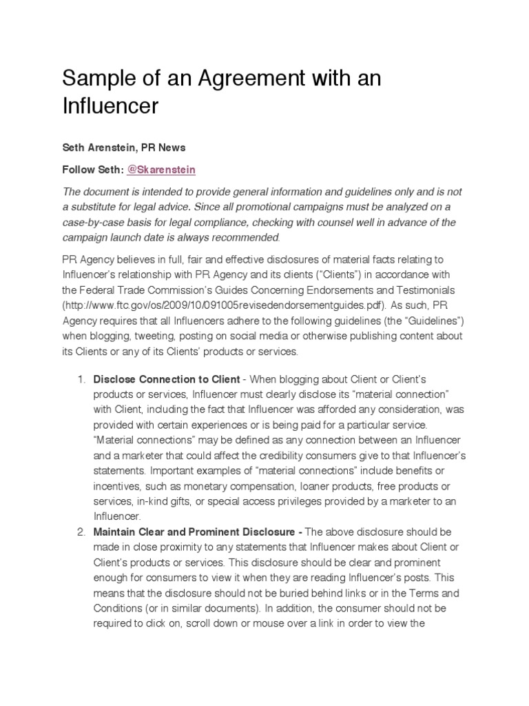 Sample Influencer Agreement | PDF | Public Relations | Mass Media