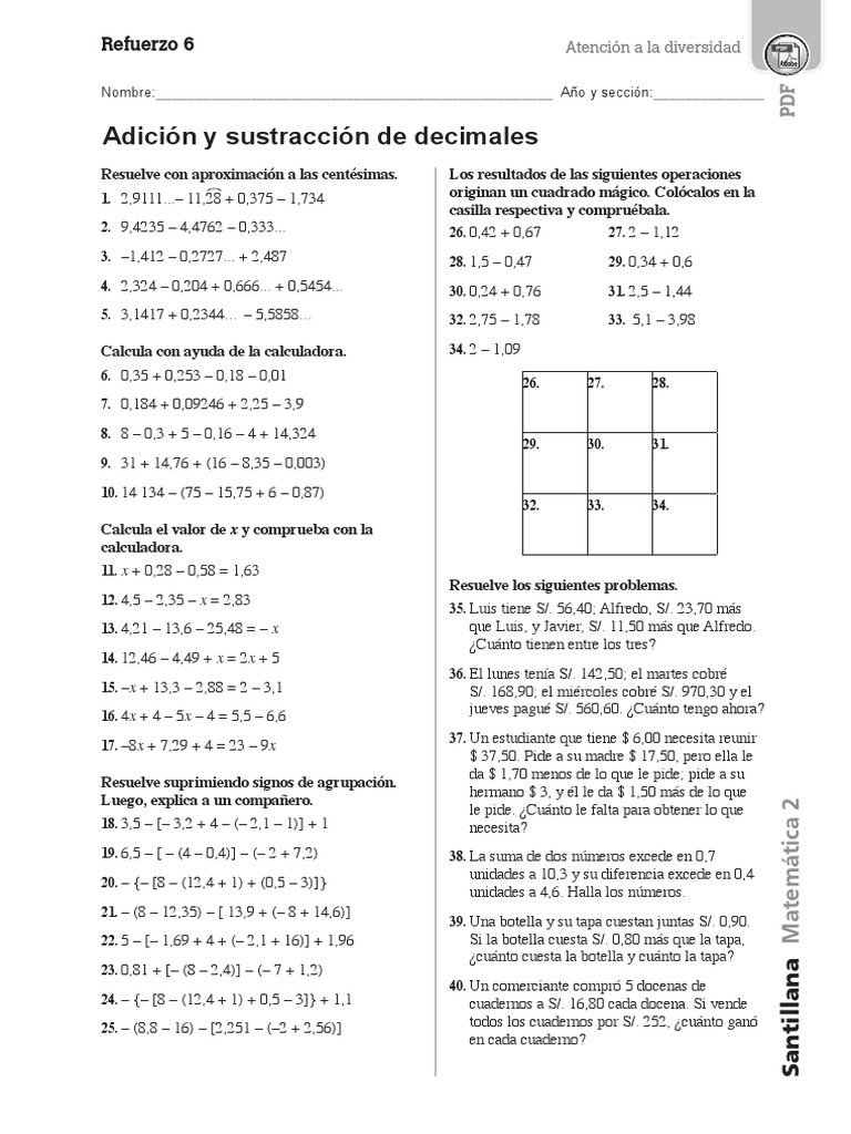 Sustracción de decimales y problemas | PDF