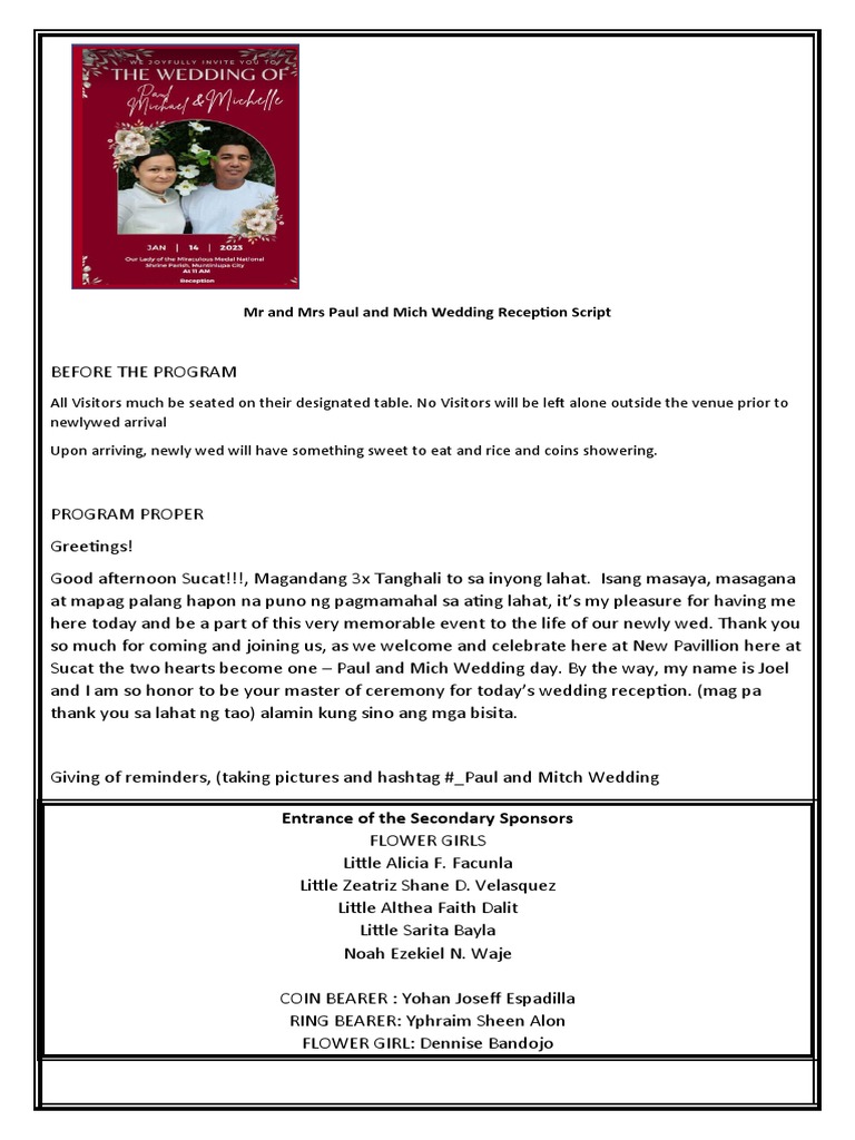MR and Mrs Paul and Mich Wedding Reception Script | PDF | Wedding | Folklore