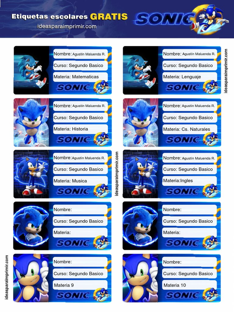 Etiquetas Escolares Sonic Editables Gratis Sonic | PDF