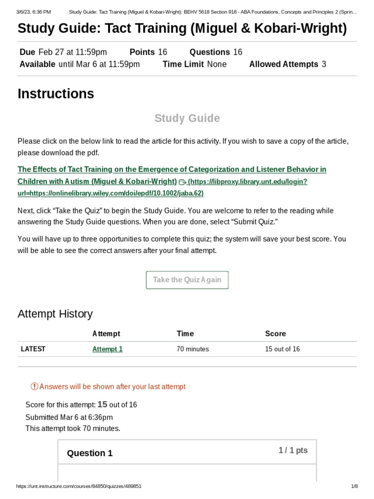 Study Guide - Tact Training (Miguel & Kobari-Wright) - BEHV 5618 ...