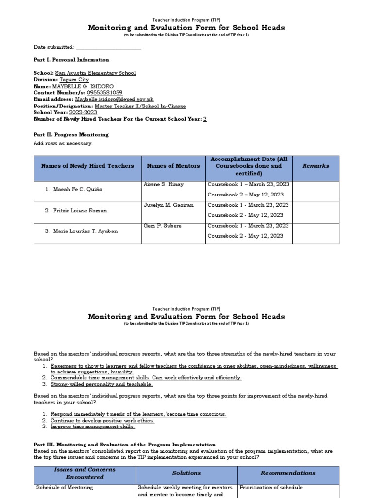 TIP - IPBT M&E Form For School Heads | PDF