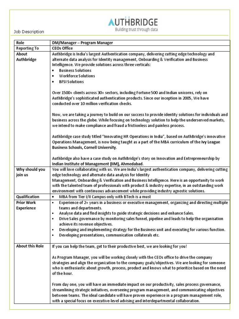 JD - CEOs Office Program Manager | PDF | Sales | Governance