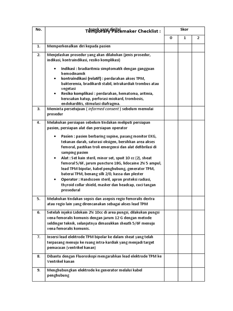 Temporary Pacemaker Checklist: Osce: No. Aspek Yang Dinilai Skor | PDF
