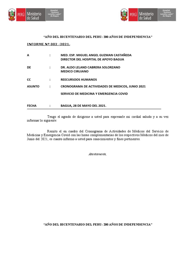 Informe de Horario de Emergencia Junio 2021 Hospital de Apoyo Bagua ...